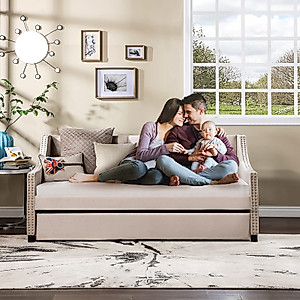 Obuvar Twin Size Daybed with Trundle, Upholstered Velvet Day Bed Frame with Tufted Button, Modern Furniture Sofa Bed for Living Room, Bedroom, Guest Room, Dorm, No Box Spring Needed, Beige