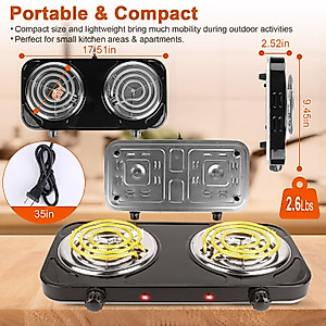 Countertop Burner, Electric Double Burners 2000 Watts, Hot Plate Cooktop with 5 Temperature Control, Non Slip Rubber Feet, Portable Coil Heating Stove Countertop RV Hotplate for Home or Dorm(Black 2)