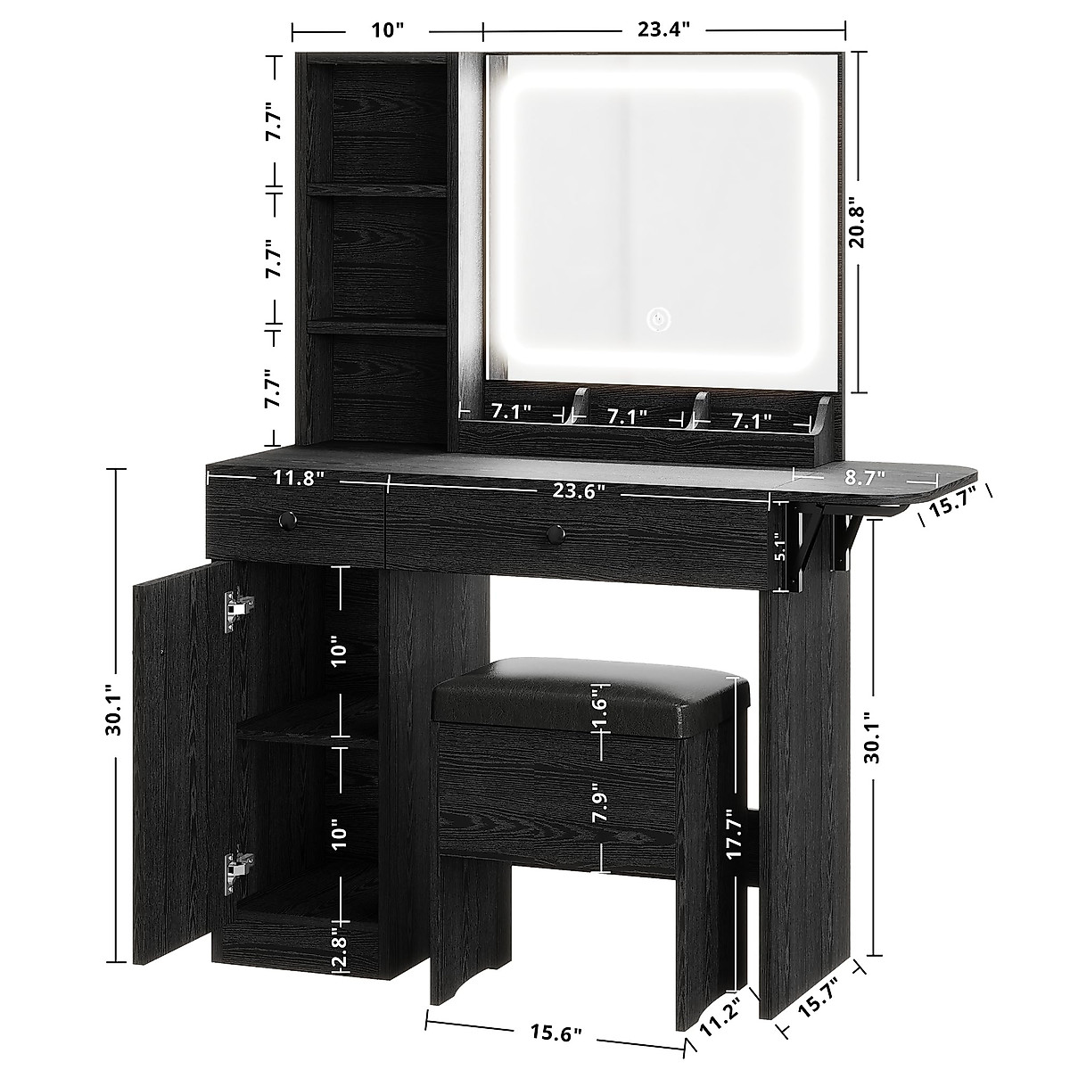 IRONCK Vanity Desk with LED Lighted Mirror & Power Outlet, Makeup Table with Drawers & Cabinet,Storage Stool,for Bedroom, Black