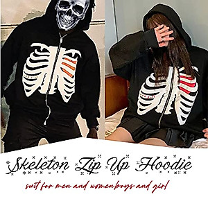 NUFR Unisex Skeleton Zip Up Hoodie Fashion Vintage Jacket Graphics E-Girl 90s Sweatshirt for Men and Women for Teen Girls Boys Black