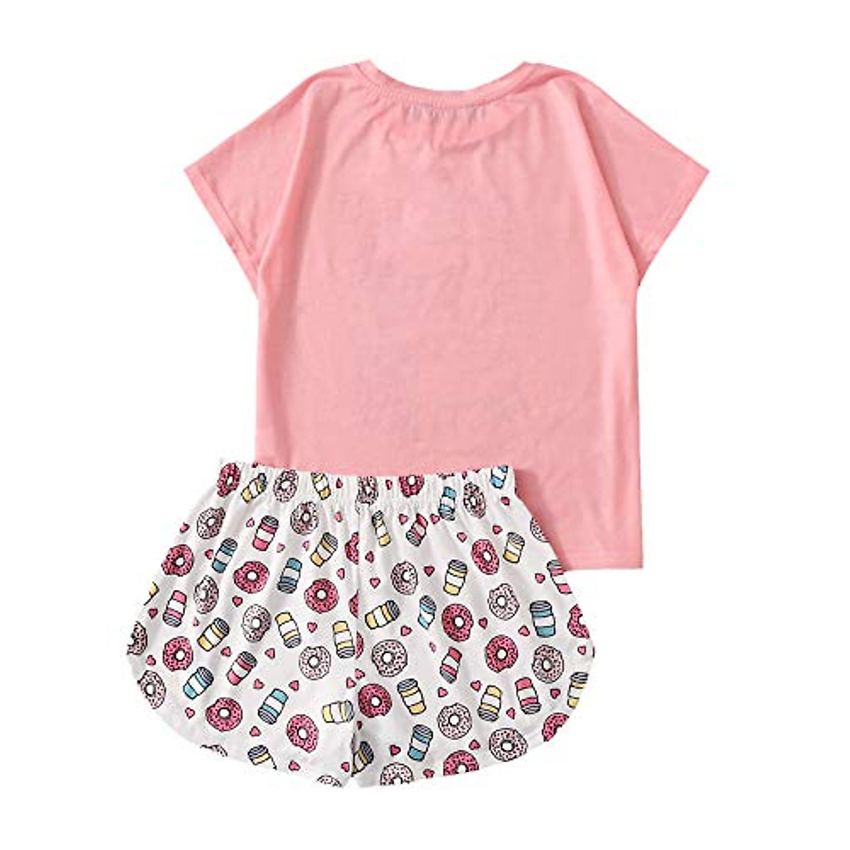 DIDK Women's Cartoon Print Tee and Curved Hem Shorts Pajama Set Pink and White XS