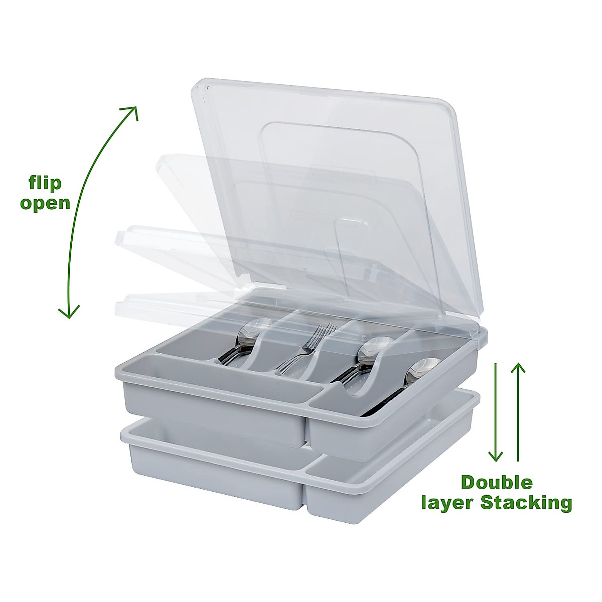 QINOL Silverware Holder with Lid, Double Layer Utensil Tray with Cover Large Flatware Organizer Plastic Cutlery Container for Kitchen Drawer Countertop 10 Compartments, Grey