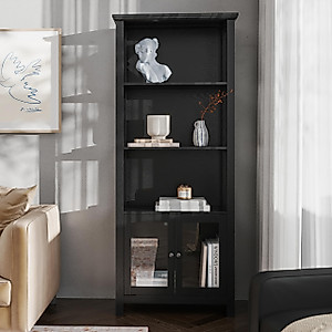 EMMA + OLIVER Dassie Bookcase Storage Cabinet, 2 Glass Doors & 3 Storage Shelves, Wood Bookshelf Cabinet for Living Room, Bedroom, Home Office, 67.75" H, Black