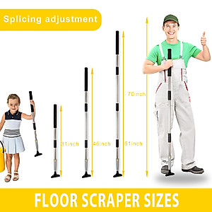 Floor Scraper Long Handle Heavy Duty, Floor Scraper Blades 4 inch scraper tool kitchen 31-61“ Thickened Steel Sharp Blades Free Extra 10PCS Metal Paint Scraper Ideal for Cleaning.(1, black)