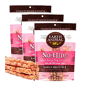 EARTH ANIMAL No Hide Stix Salmon Flavored Natural Rawhide Free Dog Chews Long Lasting Dog Chew Sticks | Dog Treats for Small Dogs and Cats | Great Dog Chews for Aggressive Chewers (3 Pack)
