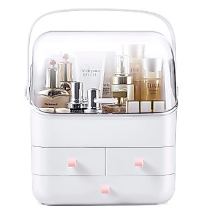 SUNFICON Makeup Organizer Holder Cosmetic Storage Box with Dust Free Cover Portable Handle,Fully Open Waterproof Lid, Dust Proof Drawers,Great for Bathroom Countertop Bedroom Dresser White