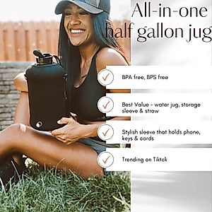 H2O Capsule 2.2L Half Gallon Water Bottle with Storage Sleeve and Covered Straw Lid – BPA Free Large Reusable Drink Container with Handle - Big Sports Jug, 2.2 Liter (74 Ounce) Jet Black