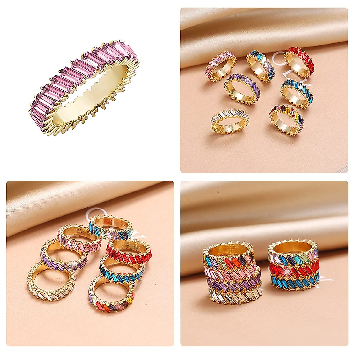 HSQYJ Rainbow Baguette Band Ring Eternity Band Cubic Zirconia Ring Gold Plated Fashion Luxury Jewelry Crystal Cocktail Rings for Women Gift