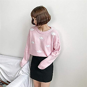 Women Kawaii Ulzzang Thick Vintage College Loose Sweater Female Sweet Cute Clouds Embroidery Knitted Kawaii Casual Pullover Pink
