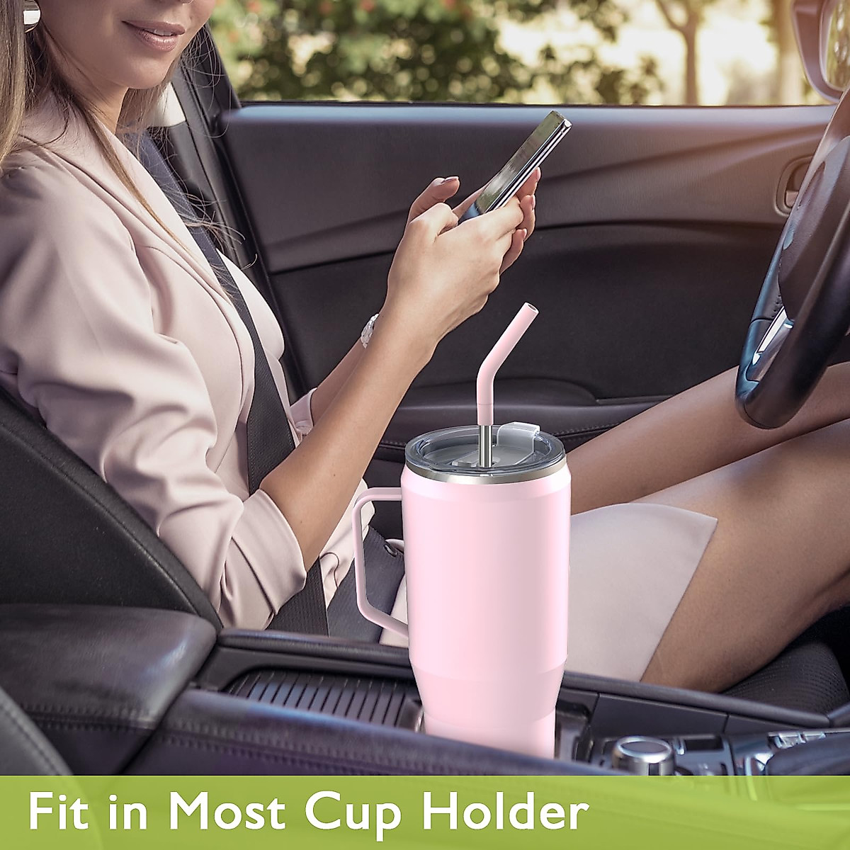 Zukro 50 oz Tumbler With Handle And Straw, Large Leak Proof Triple Wall Vacuum Insulated Stainless Steel Cup with Lid Fit in Cup Holder, Keeps Cold 30 Hours, No Sweat, Dishwasher Safe - Pink