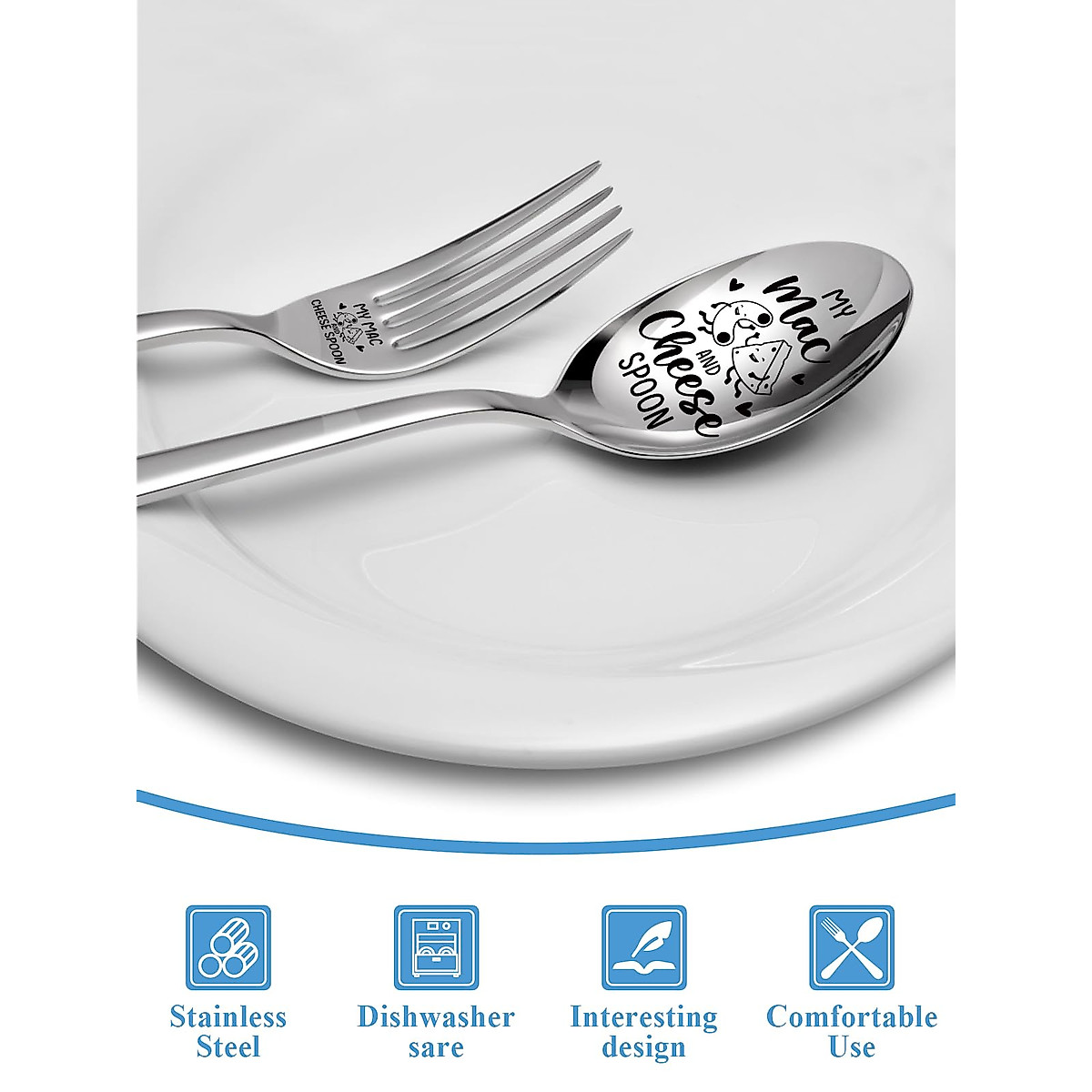 Advivio 2PCS My Mac and Cheese Spoon Funny Engraved Stainless Steel Spoon Fork Set, Dessert Spoon Dinner Fork for Mac and Cheese Lovers Friends Brother Sister Christmas Birthday Graduation Gifts