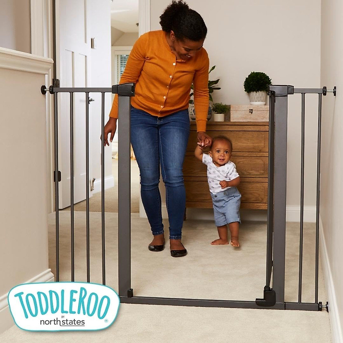 Toddleroo by North States Riverstone Extra Tall & Wide Self-Closing Baby Gate with Door. Pressure Mounted Baby Gates for Doorways, Child Gate Fits Openings 29.75” to 52” Wide. (36" Tall, Graphite)