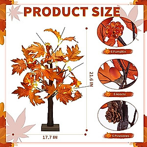 22 Inch Lighted Maple Tree Fall Tree Thanksgiving Tree Decorations with 6 Acorns & Pumpkins & Pinecones Autumn Decor with 18 LED Thanksgiving Decorations Indoor for Harvest, Fall, Party, Table