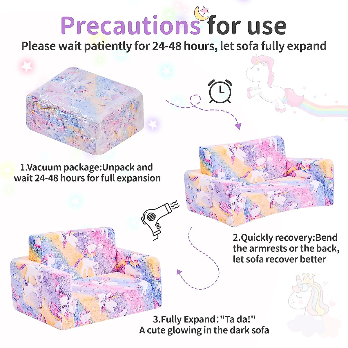 IFNOW Toddler Couch, Toddler Chair Folding, Kids Couch 2 in 1, Kids Sofa for Playroom-Extra Soft 2 Seats, Glow in The Dark Open Couch, Gifts for Kids, Sleeper for Girls Boys, Unicorn