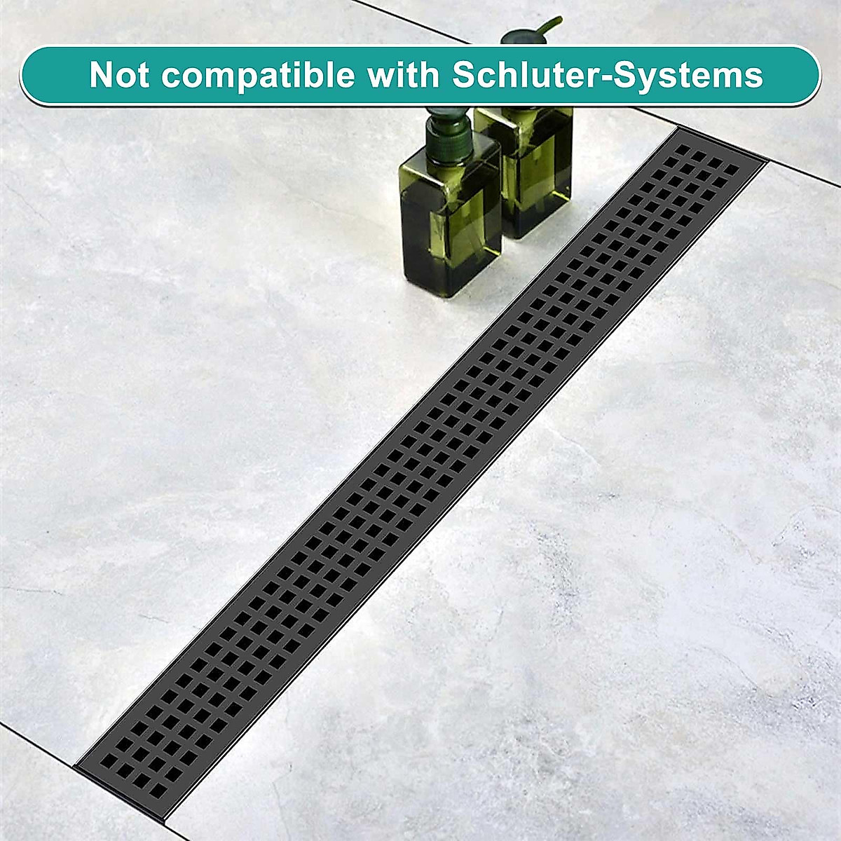 BARONAGE Linear Shower Drain 24 Inch with Removable Square Hole Pattern Cover Grate, 304 Stainless Steel Black Shower Floor Drain Watermark & CUPC Certified Include Accessories