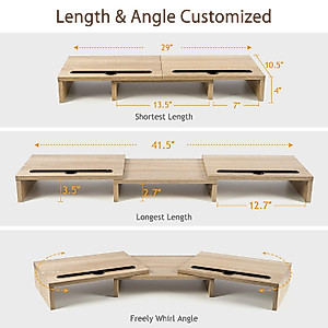 LORYERGO Dual Monitor Stand for Desk, Monitor Stand with 2 Slots for Phone and Tablet, Dual Monitor Riser with Length and Angle Adjustable, Computer Stand for Monitor, Laptop, Tablet (Light Wood)