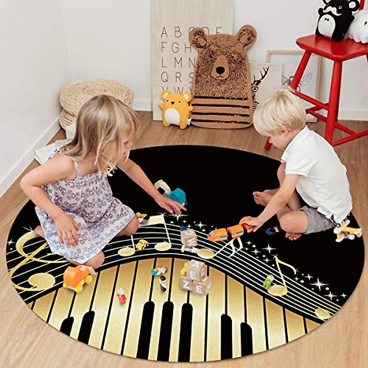 ALAGEO Round Area Rugs Music Piano Key Soft Carpets Indoors/Living Dining/Bedroom/Children Playroom Crawl Rug Floor Mats Yoga Mat, Gold Black 4 ft Diameter