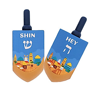 The Dreidel Company Extra Large Jerusalem Wood Dreidels, Let's Play Dreidel The Hanukkah Game, Instructions Included (2-Pack)