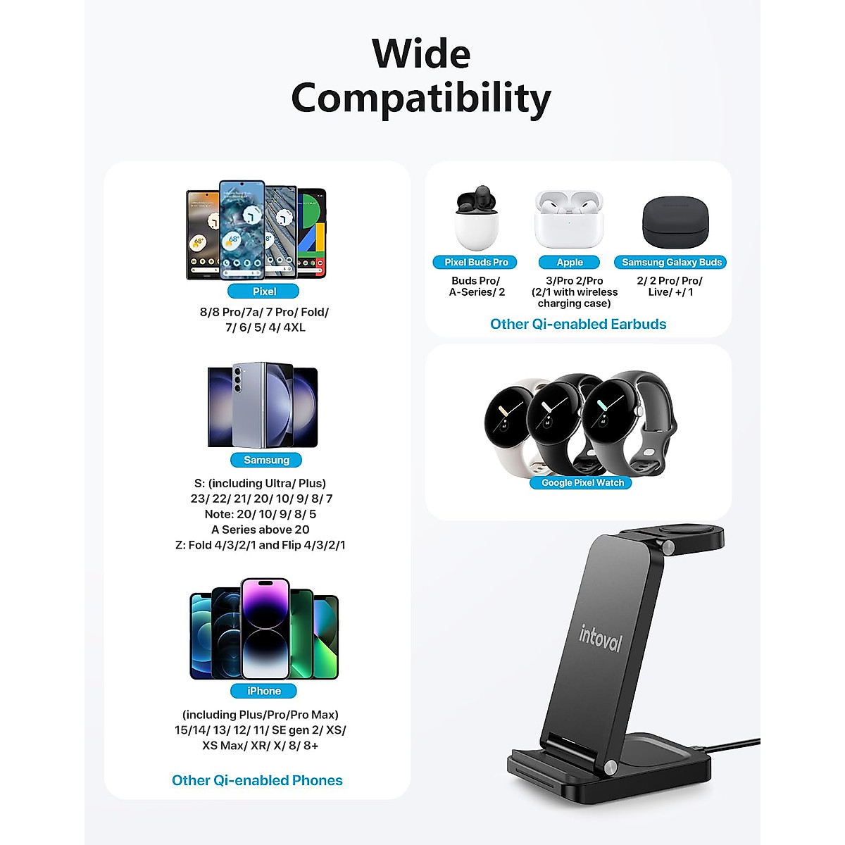 Intoval 3-in-1 Pixel Watch 1 Charger, Portable Wireless Charging Station for Google Pixel Watch 1, Pixel 8/8 Pro, Folding Charging Stand for Google Pixel Watch 1 gen (G3, Black)