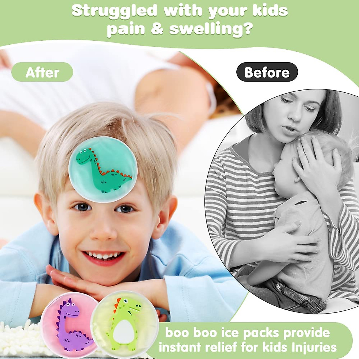 Hilph Kids Ice Packs for Boo Boos, Toddler Dinosaur Ice Pack Reusable Childrens Boo Boo Buddy Hot Cold Gel Packs for Kids Injuries, Pain Relief, Bumps & Bruises, Breastfeeding, Wisdom Teeth (3 Packs)