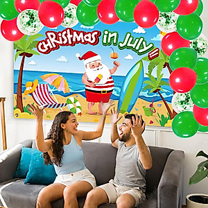 Christmas in July Party Decorations Large Photo Backdrop 38pcs latex balloons Mele Kalikimaka Christmas Summer Santa Banner for Outdoors Garden Party Supplies
