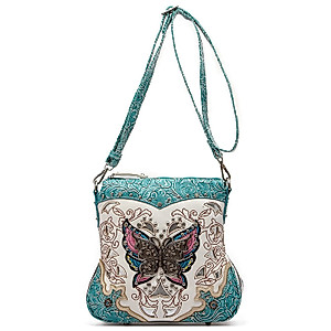 Western Style Butterfly Tooled Leather Women Purse Cross Body Handbag Concealed Carry Single Shoulder Bag (Turquoise)