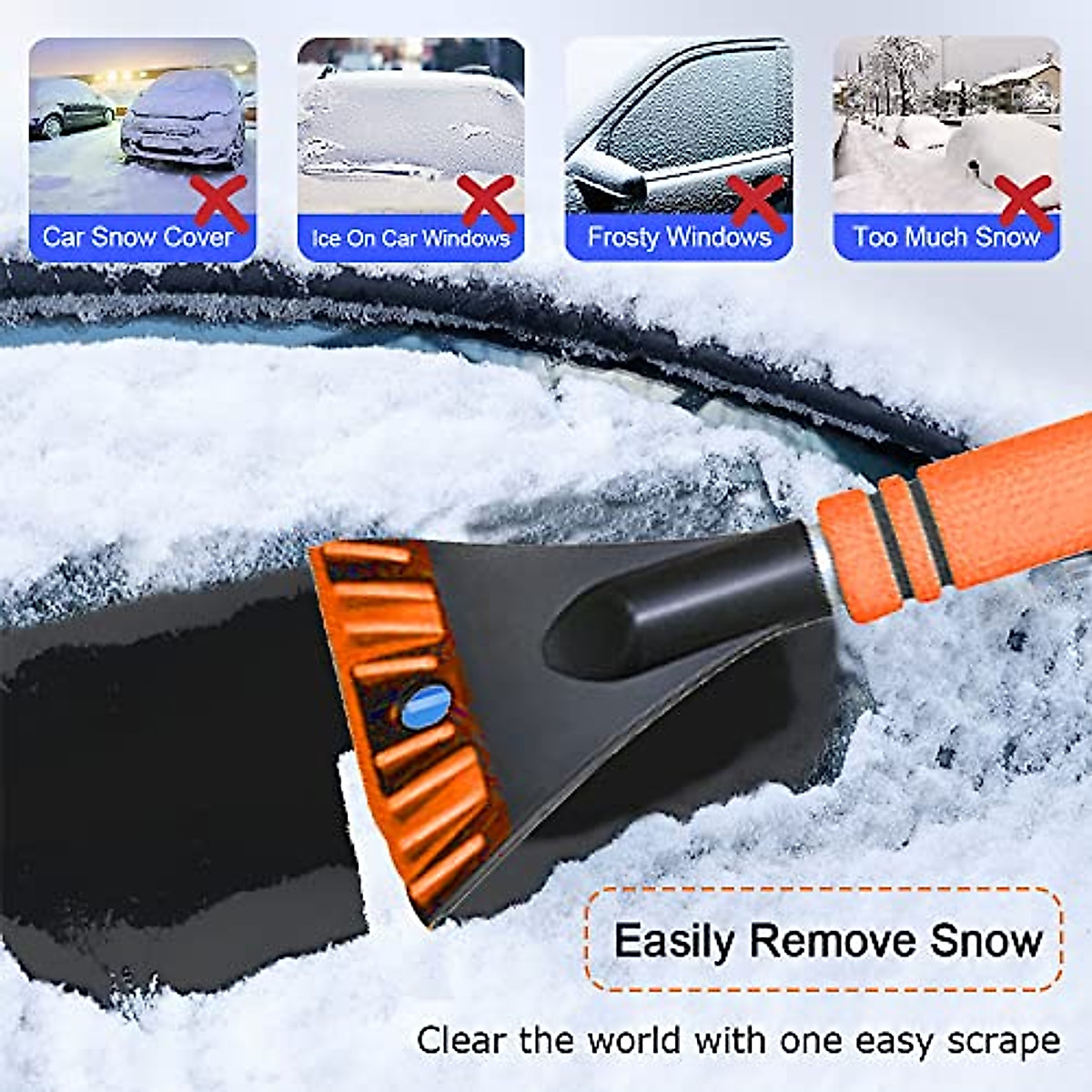 Snow Brush and Detachable Ice Scraper, Ice Scraper and Extendable Snow Brush with Ergonomic Foam Grip, Car Exterior Accessories Fit for Cars, Trucks, SUVs, Ice Scrapers for Car Windshield (Orange)