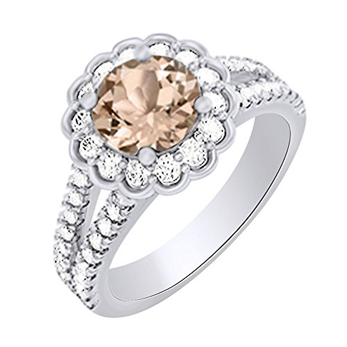 AFFY 2.72 cttw Simulated Pink Morganite & White Natural Diamond Split Shank Engagement Wedding Ring in 14k White Gold with Ring Size 5.5