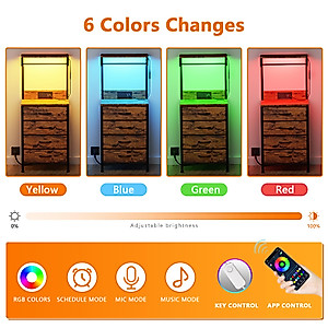 Furnulem Tall Nightstand with Charging Station, Night Stands with LED Lights and Storage Shelves, Bed Side Table for Bedroom, Hallway, Office, 4 Fabric Drawers, Rustic Brown