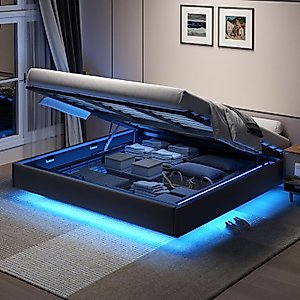 King Floating Lift Up Bed Frame with LED Light, Modern Metal Platform Bed Frame with Hydraulic Storage, Innovative Stable Structure&Wood Slats Support,No Box Spring Needed,Easy Assemble (King Size)