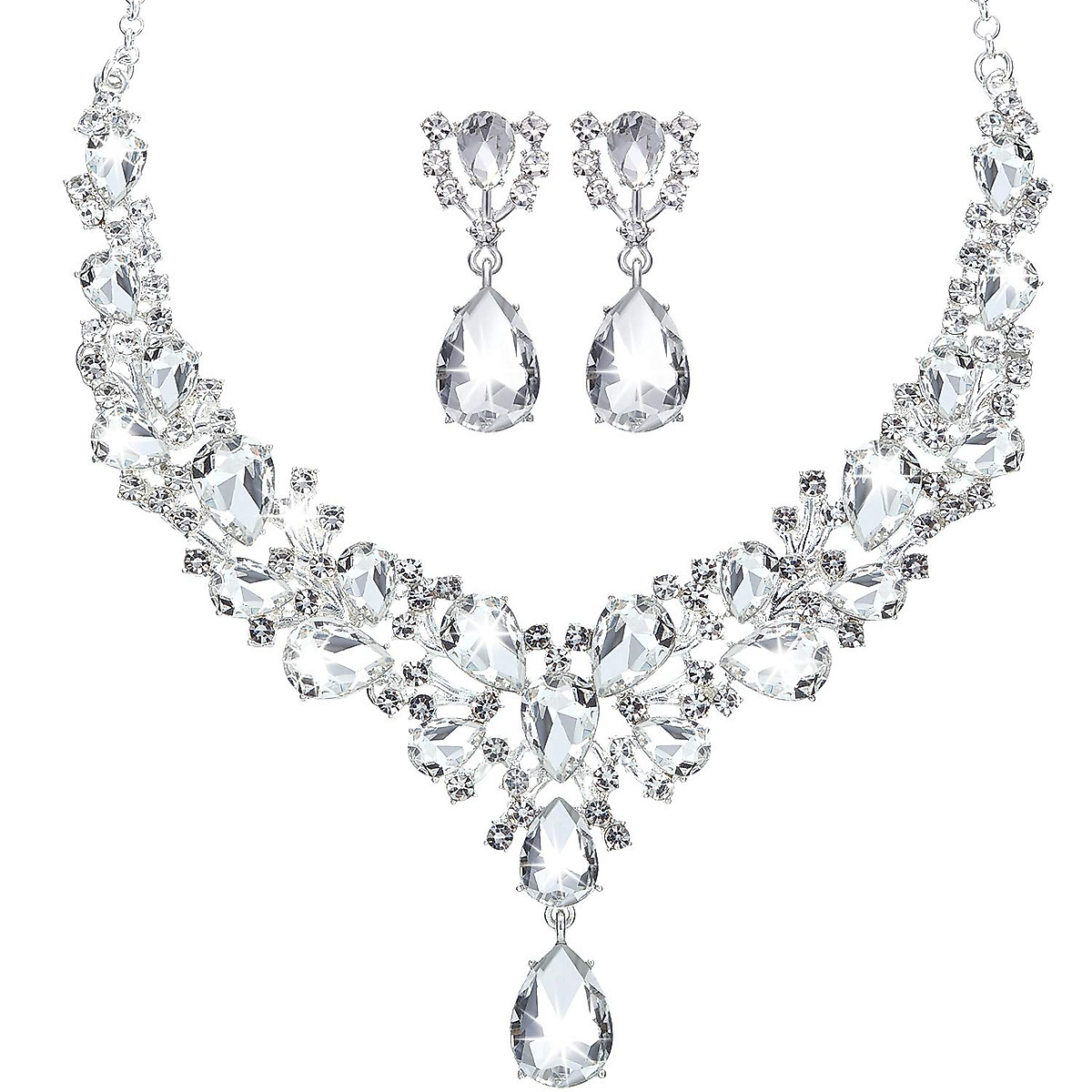 Hicarer Bridal Teardrop Cluster Crystal Jewelry Set for Women Necklace Earrings Wedding (Silver)