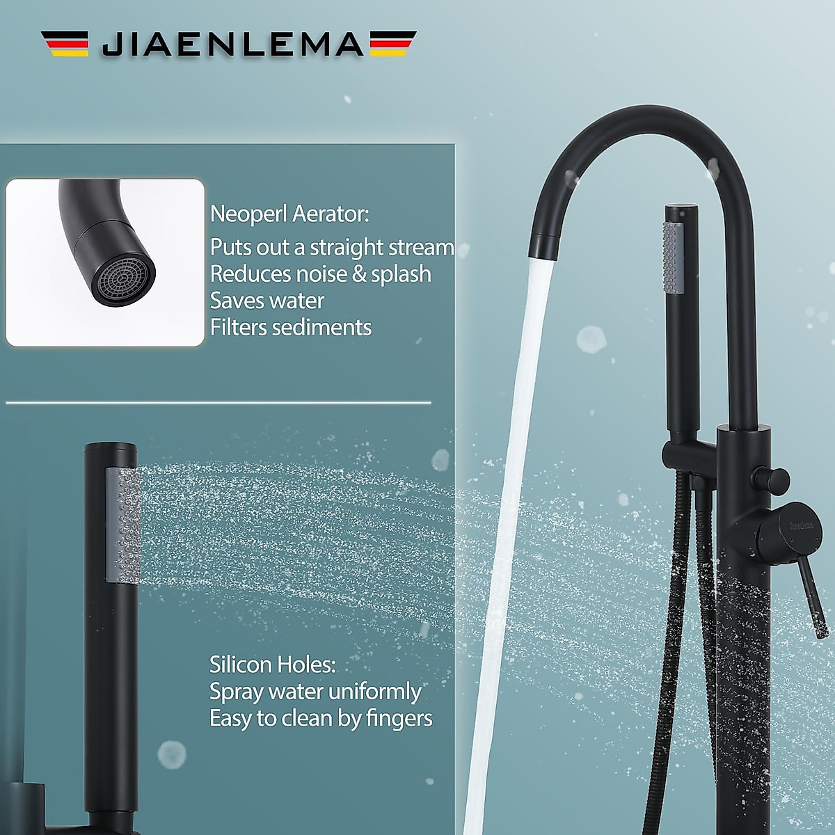 Free Standing Tub Faucet Matte Black Freestanding Bathtub Faucet with Sprayer High Flow Floor Mount Tub Filler with Hand Shower Bathroom Standing Floor Faucet Brass, Single Handle - JIAENLEMA