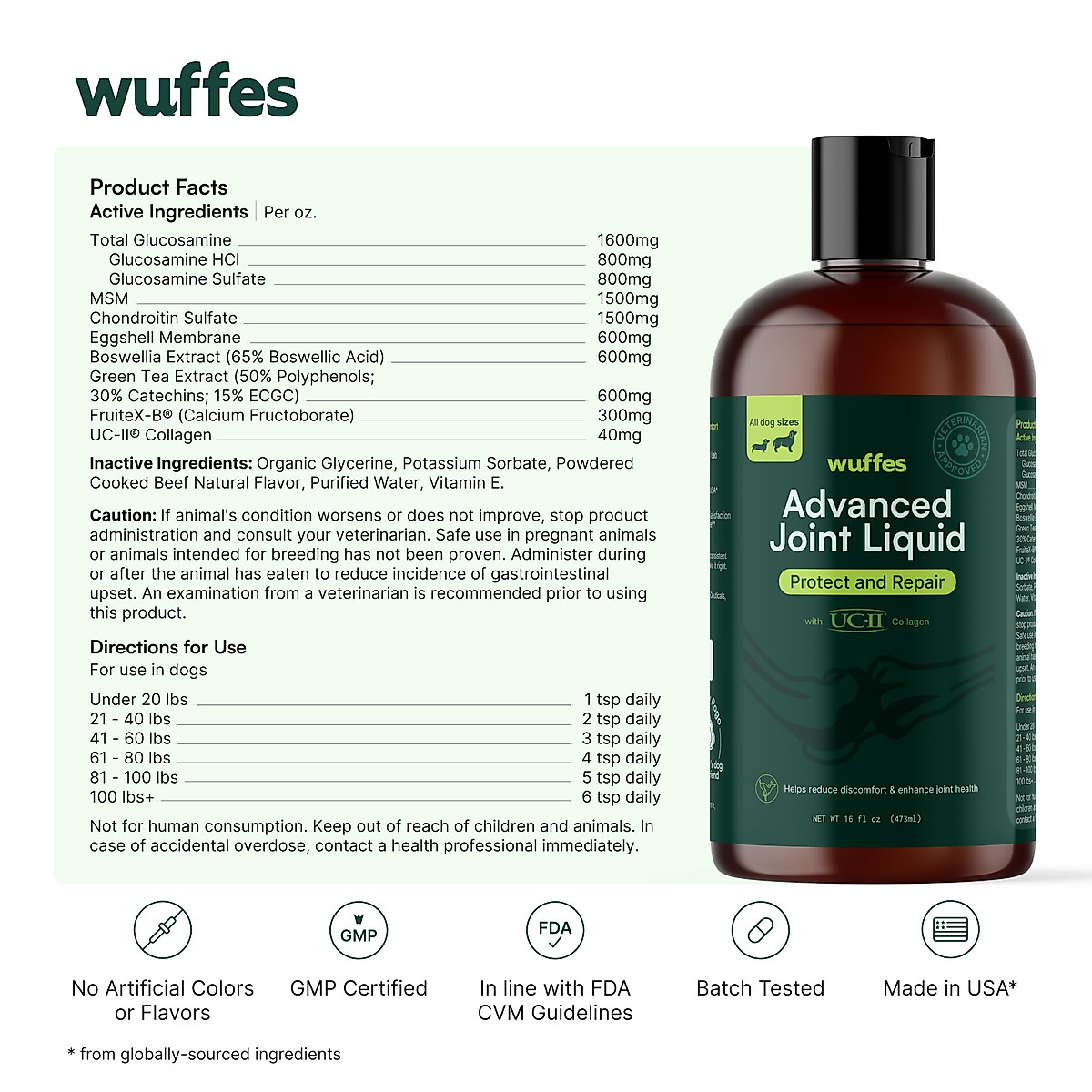 Wuffes Advanced Joint Liquid for Dogs - Hip & Joint Support Supplement with Glucosamine, Chondroitin, UC-II® Collagen, and MSM, for Small & Large Breeds - 16 Oz