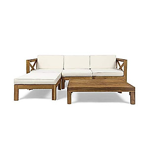 Christopher Knight Home Mamie Outdoor Acacia Wood 5 Piece Sofa Set, Teak Finish, Beige
