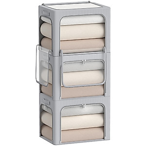 3Pack Clothes Storage Bins - Oxford Frame Storage Box Foldable Stackable Storage Organizer with 3 Openings Design, Metal Frame, Clear Window, Carry Handles (36L-15.7 * 11.8 * 11.8in, Grey)
