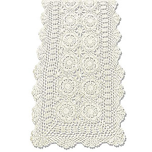 KEPSWET Cotton Handmade Crochet Lace Table Runner Beige Rectangle Coffee Table Dresser Decor (14x36 inch)