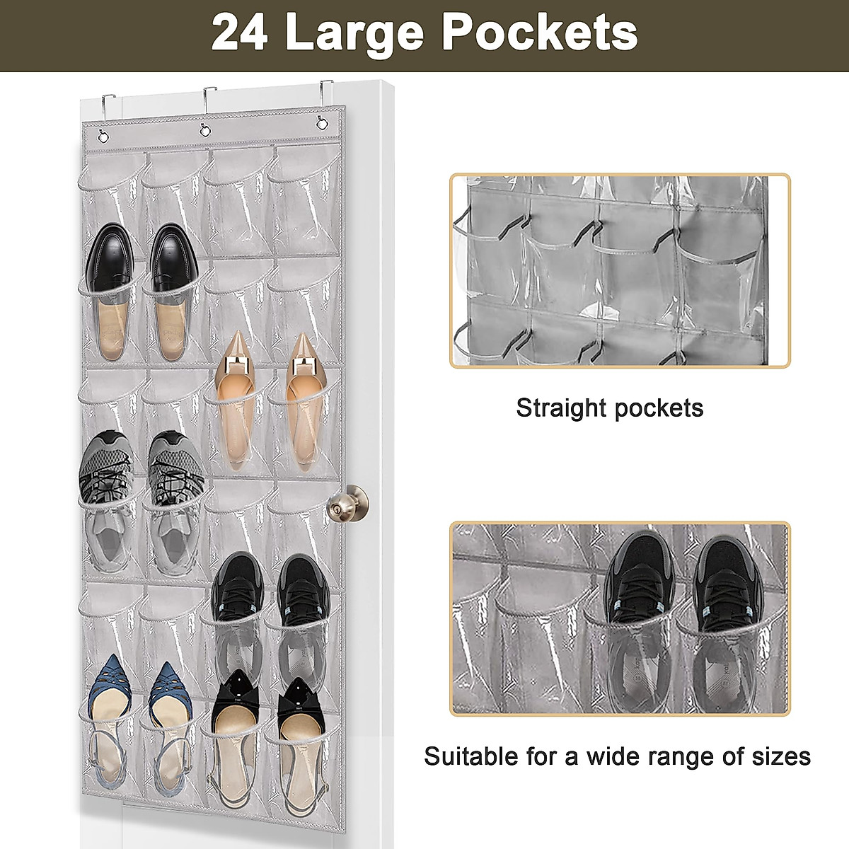 Over The Door Shoe Organizer - Space Saving Shoe Rack for Closet Door with 24 Pockets and Hook, Shoe Holder Back of Door Organizers for Shoes, Hanging Shoe Organizer (Gray)