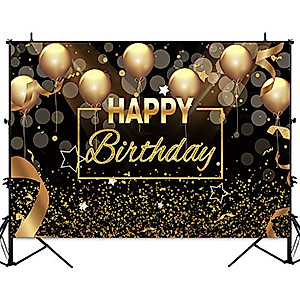 Sensfun Black Gold Happy Birthday Backdrop Sparkle Glitter Golden Balloon Bokeh Circles Dots Photography Background Men Women 30th 40th 50th 60th Birthday Party Decorations Photo Banner Prop 7x5ft