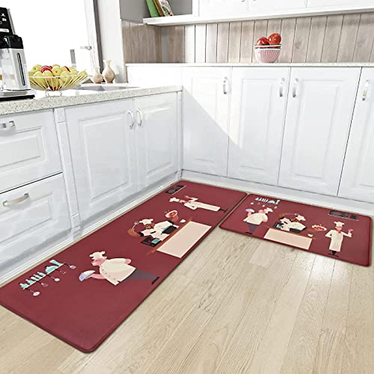 Yinhua Kitchen Mats for Floor 2 Piece, Red Kitchen Rugs Set, Cushioned Anti Fatigue Mats for Kitchen Floor Mat, Vinyl Kitchen Floor Mat, Cute Chef Kitchen Rug and Mats Non Skid Waterproof