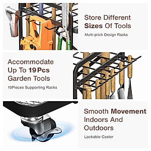 Lineware Garden Tool Organizer For Garage Garden Tool Storage with Wheels Garden Tool Rack Stand Garden Tool Holder Yard Tool Storage for Outdoor Shed Garage Garden Black
