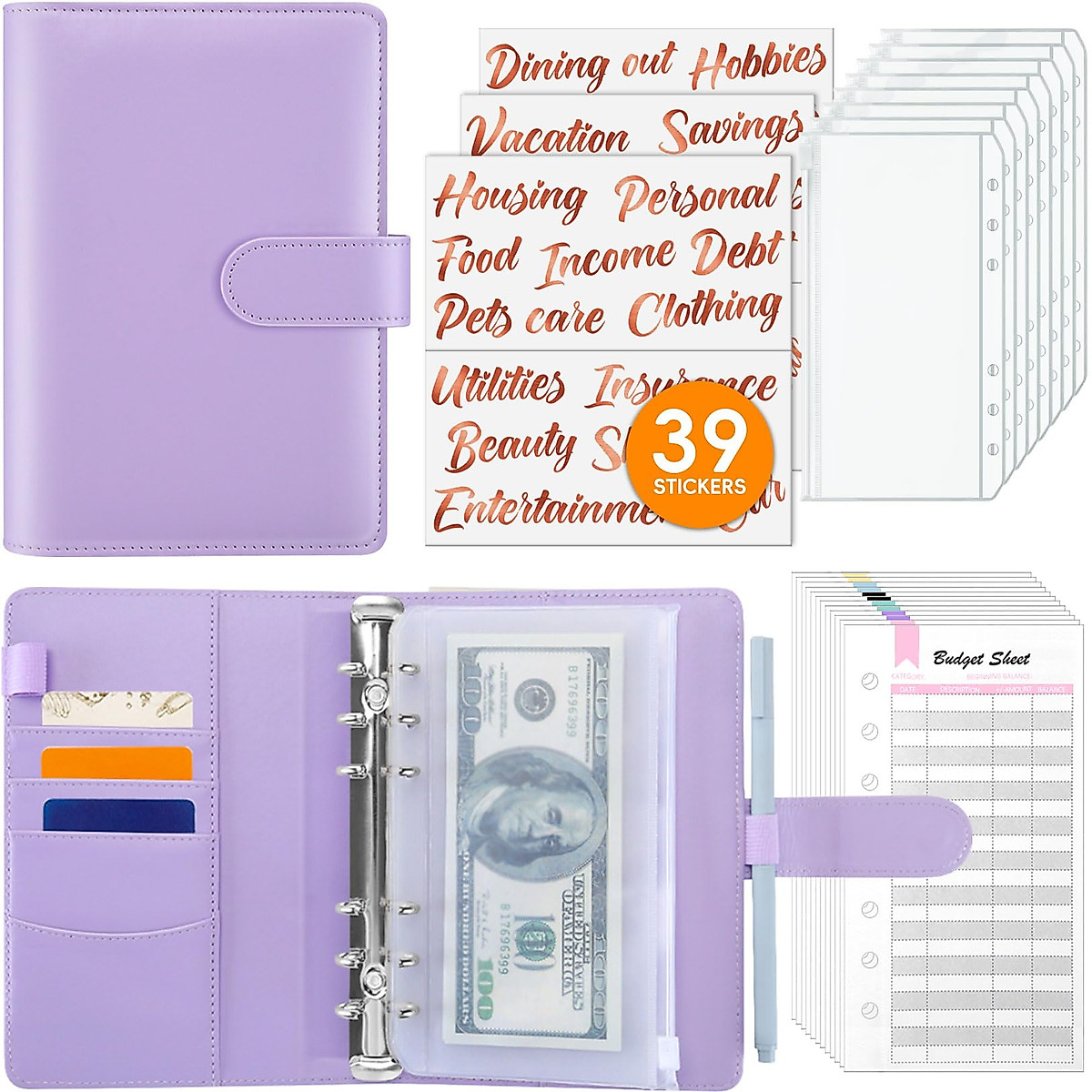 Sooez Money Organizer for Cash, A6 Budget Binder with Zipper Envelopes, Rose Gold Sticky Labels & Extra Thick Expense Sheets,Money Saving Binder Budget Book with Cash Envelopes for Budgeting, Purple