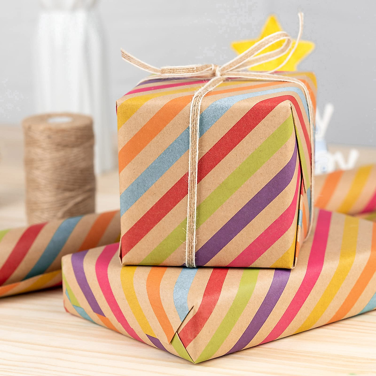 RUSPEPA Kraft Wrapping Paper Roll - Rainbow Stripe Pattern - 24 Inches x 100 Feet