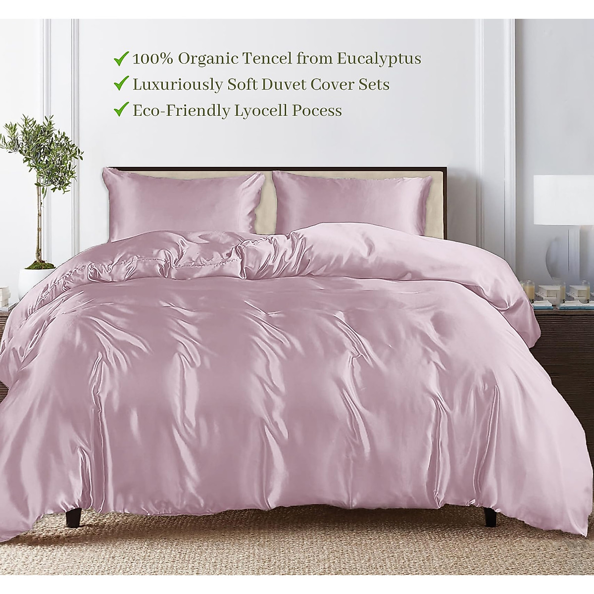 Linenwalas Tencel Lyocell Duvet Cover Set with Deep Pocket Fitted Sheet, Viscose Made from Eucalyptus Soft, Lightweight and Breathable Complete Bedding Set (Lilac, King)