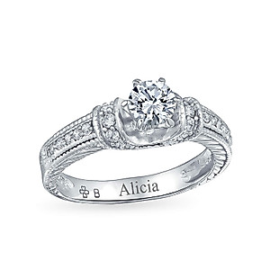 Personalize Vintage Art Deco Style 1CT Brilliant Round Solitaire U Set 6 Prong AAA CZ Engagement Ring For Women With Intricate Heirloom Filigree Details on Sides Of Pave Band .925 Sterling Silver