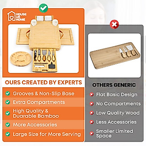 Cheese Board - 2 Ceramic Bowls 2 Serving Plates. Magnetic 4 Drawers Bamboo Charcuterie Cutlery Knife Set, Round Tray, 2 Forks, Wine Opener, Labels, Markers, Gift for Birthdays, Weddings, Housewarming