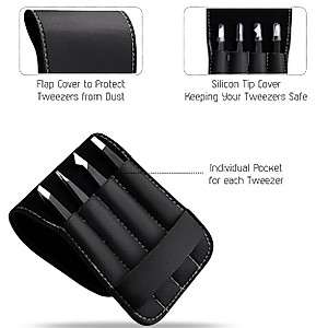 Tweezer Set 4-Piece for Men & Women - Professional Edge and point for Ingrown Hair,Eyebrow, Splinter, Facial & Blackhead Removal - Stainless Steel tweezers (Black)