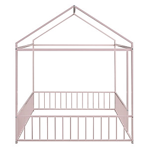 Harper & Bright Designs Full House Bed with Rails, Metal Full Floor Bed for Kids, Full Size Montessori Bed Frame with Roof, Kids Full Playhouse Beds for Boys Girls(Pink)