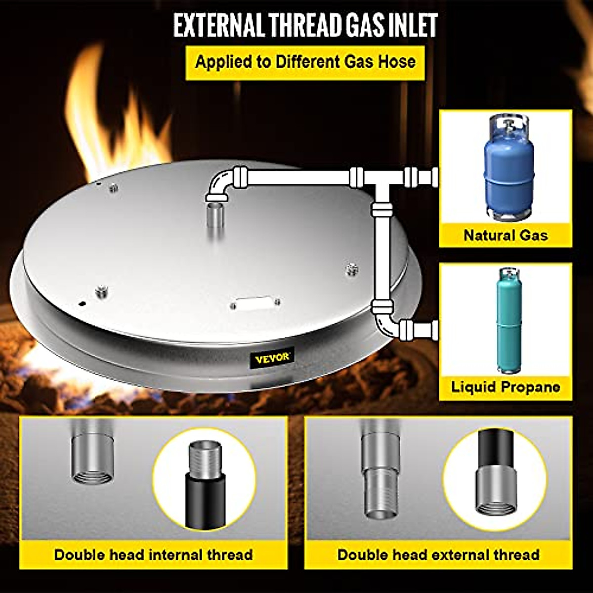 VEVOR Drop in Fire Pit Pan, 19" x 19" Round Fire Pit Burner, Stainless Steel Gas Fire Pan, Fire Pit Burner Pan w/ 1 Pack Volcanic Rock Fire Pit Insert w/ 90K BTU for Keeping Warm w/Family & Friends