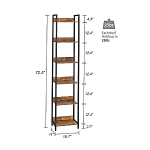 Surksis 6-Tier Bookshelf, Narrow Bookshelf, Industrial Bookcase with Open Shelves, Tall Book Shelf for Living Room, Home Office, Study, Bedroom, 11 x 15.7 x 72.5 Inches, Rustic Brown and Black