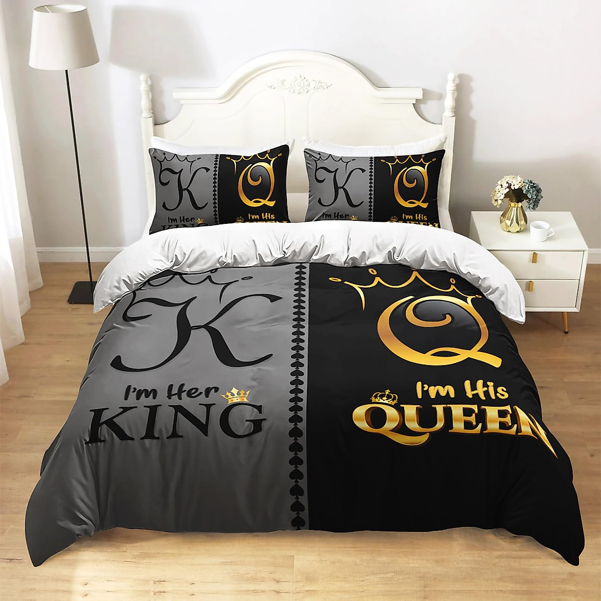 AILONEN Grey and Black Duvet Cover Set Queen Size, K and Q Printed Crown Couple Bedding Set Gifts,3 Piece His Her Themed Lightweight Microfiber Comforter Cover with 2 Pillowcases